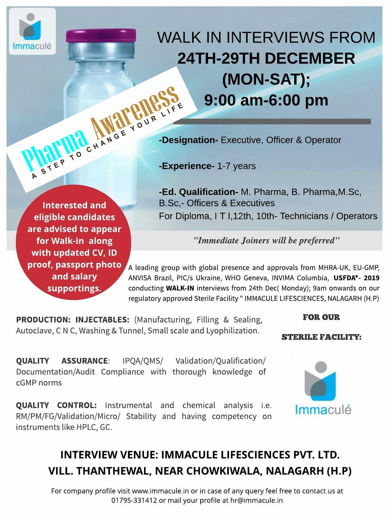 Immacule Lifesciences Ltd Walk-In Interview (Mon-Sat) For M.Pharm, B ...