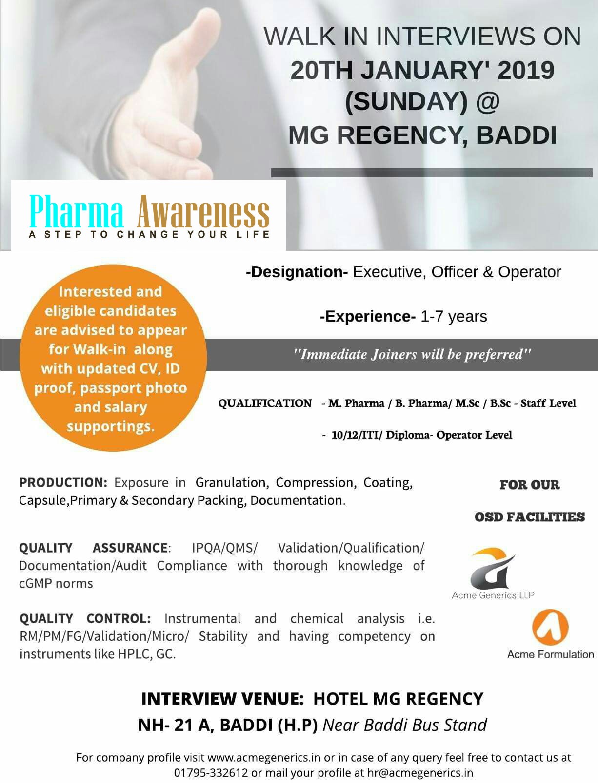 Acme Formulation Walk-In Interview at Baddi For Production, QA and QC