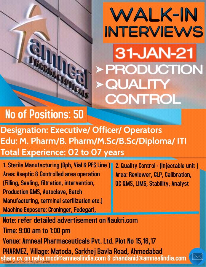 Amneal Walk in Interview for Ahmedabad Injectable unit Amneal Walk in Interview for Ahmedabad Injectable unit